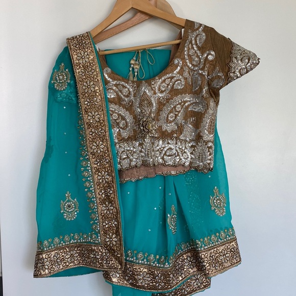 Sarees | Turquoisegold Saree With Rhinestones | Poshmark